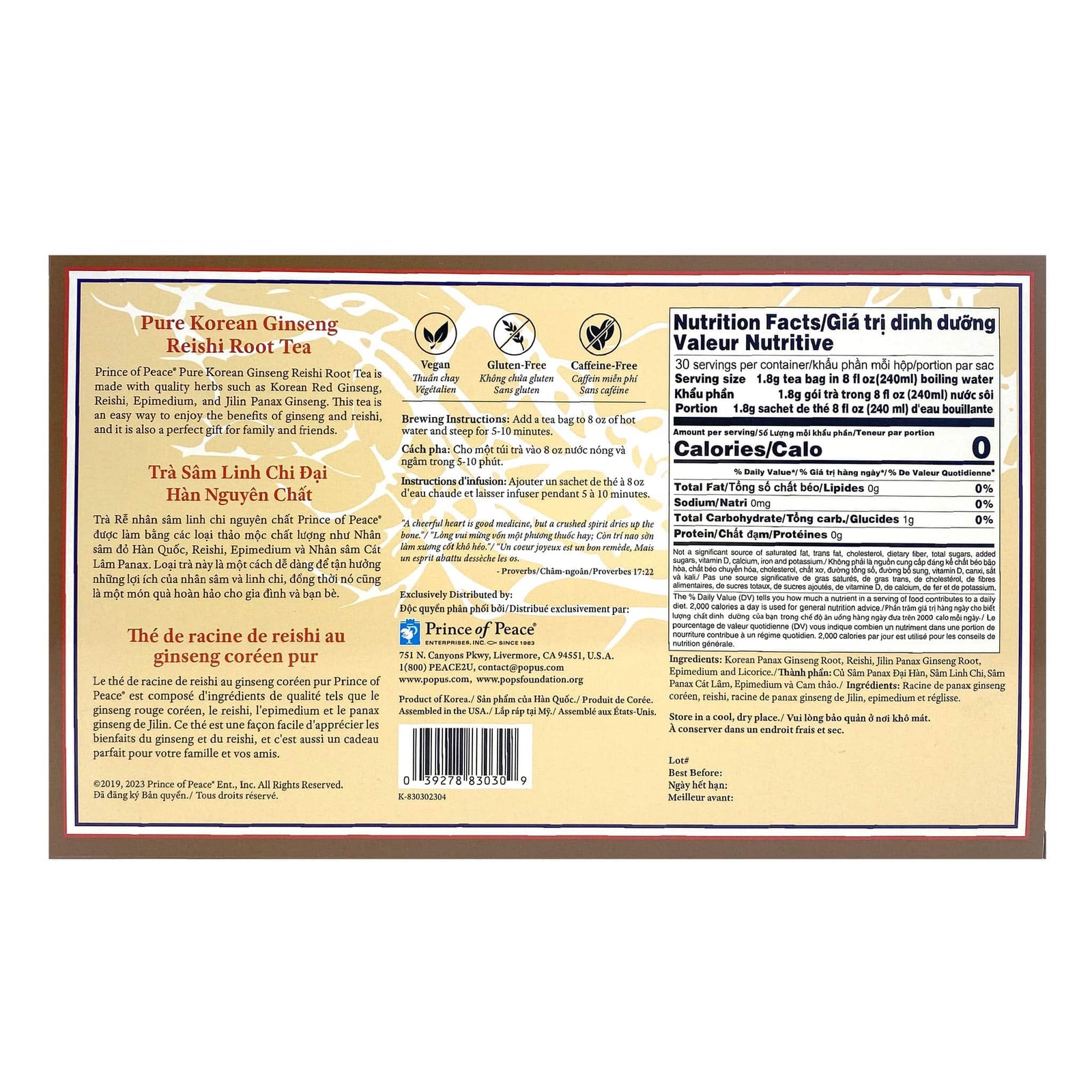 Prince of Peace Pure Korean Ginseng Reishi Root Tea, 30 tea bags ...
